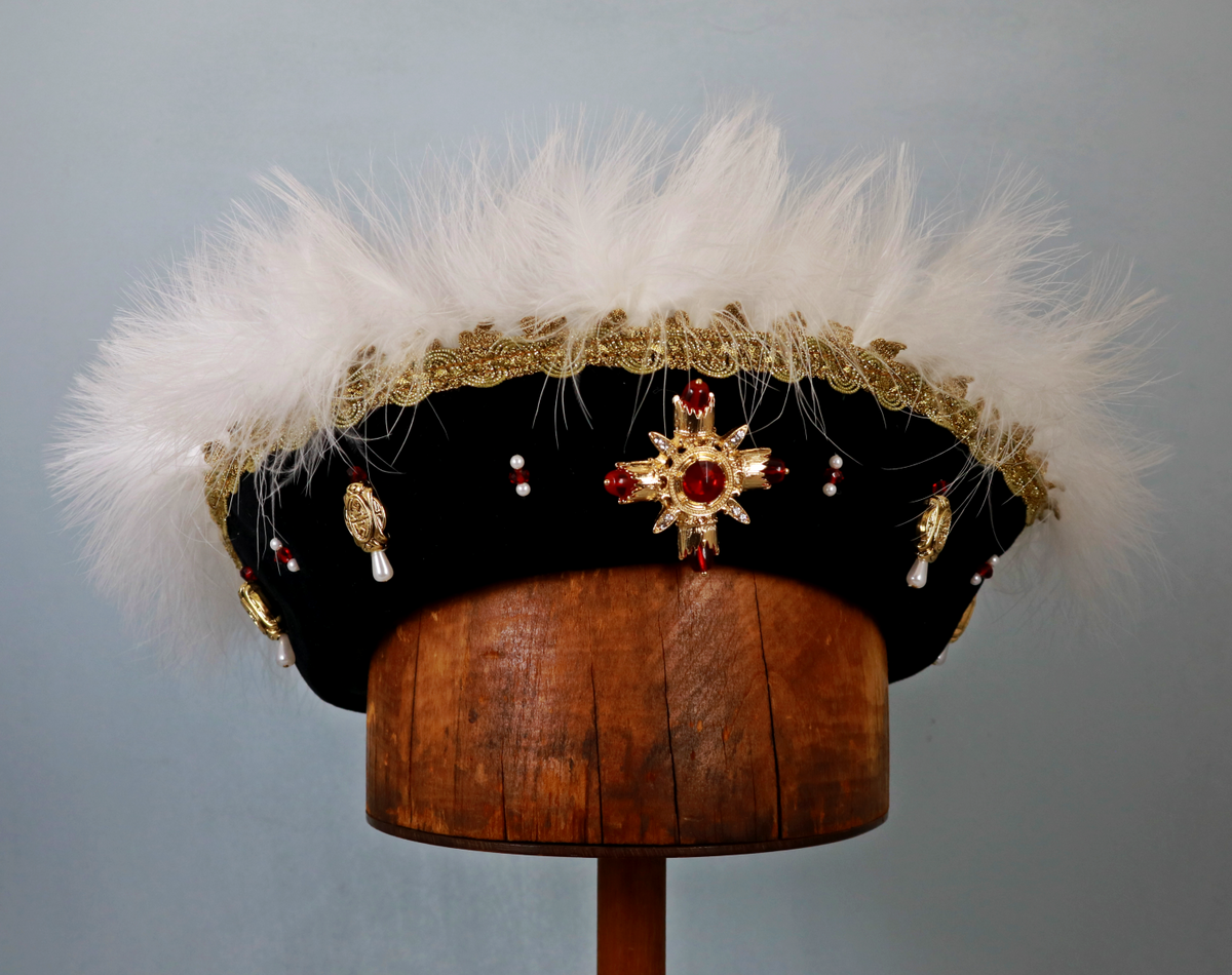 Henry VIII Flat Cap - Black / White Marabou / Gold Trim / Ruby Jewels ...