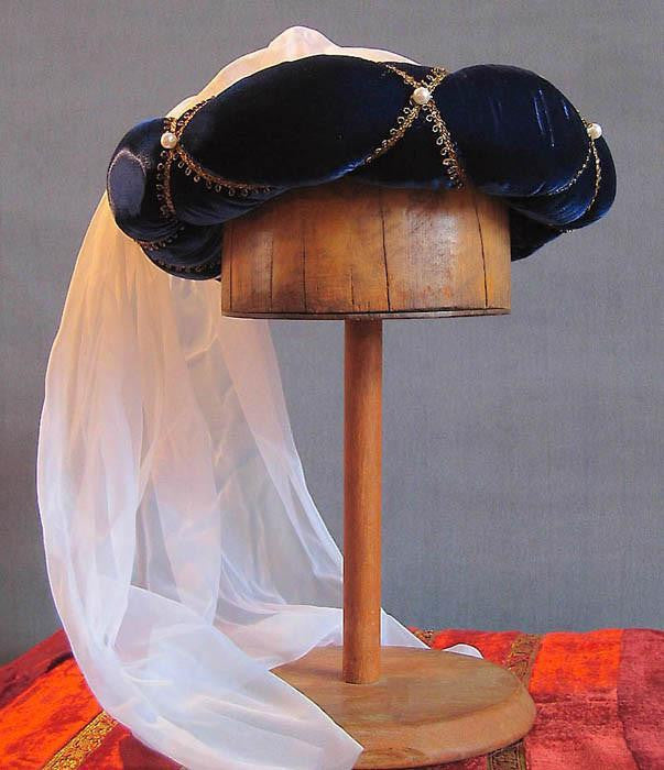 Veiled Roundlet - Blue / Gold Trim / White Veil / Pearls – Tall Toad